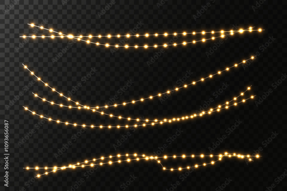 Bright garlands with a golden glow png. Festive Christmas light. For ...