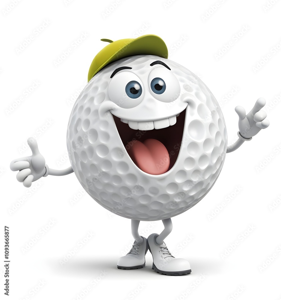 A happy and animated golf ball character with a big smile and ...