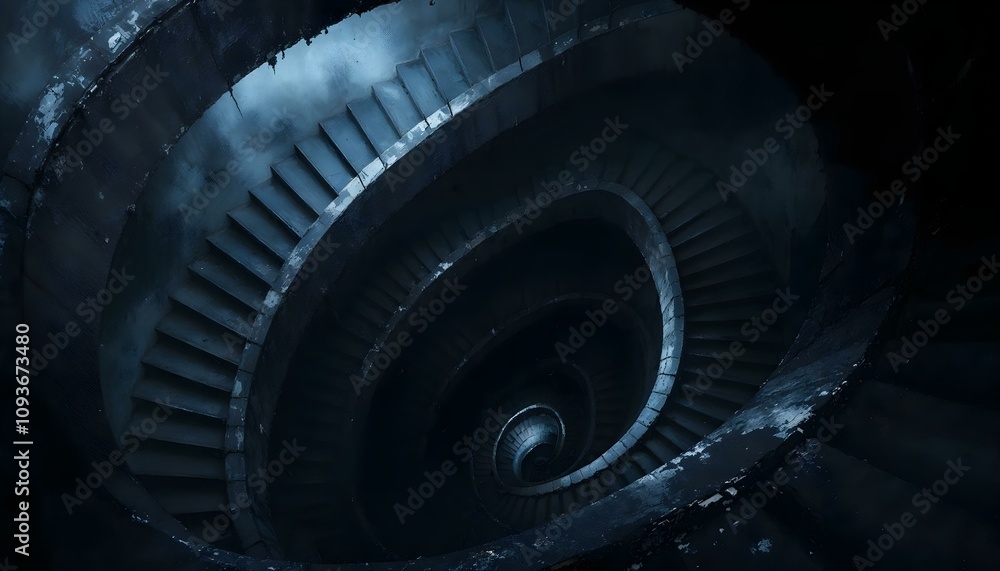 Unique creepy dark grungy haunted staircase stairway with many steps in ...