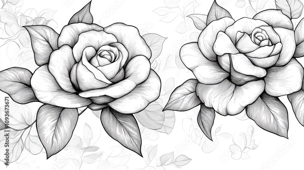 Elegant Rose Sketch Set of Flowers - Black and White Line Art Vector ...