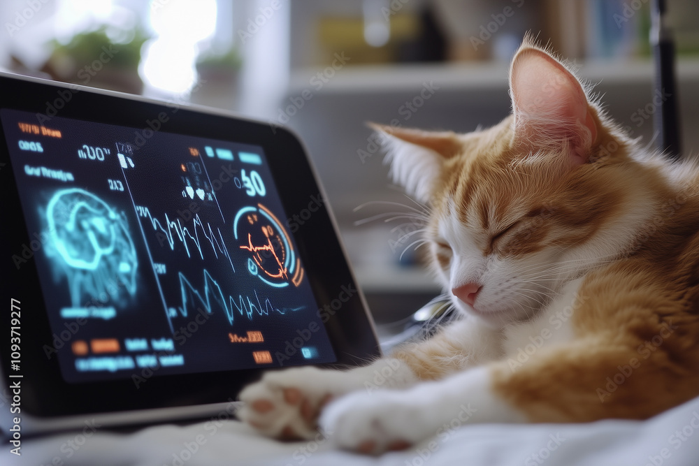A sleeping orange tabby cat rests beside a medical monitor displaying a ...