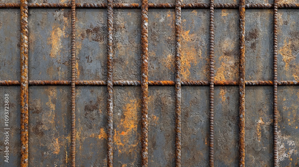 Industrial backdrop featuring rebar with a textured, rusty surface ...