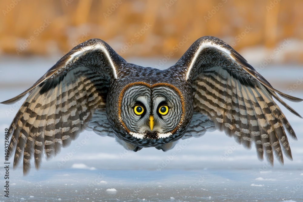 Gliding effortlessly over a frozen surface, an owl reveals its ...