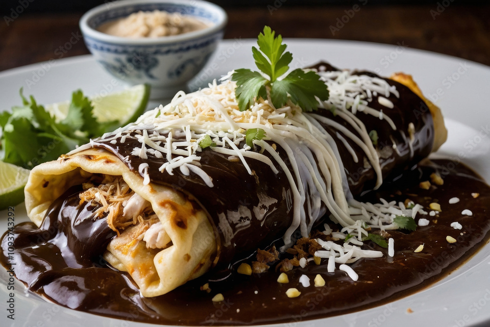 enmoladas: Shredded chicken and cotija cheese wrapped in corn tortillas ...