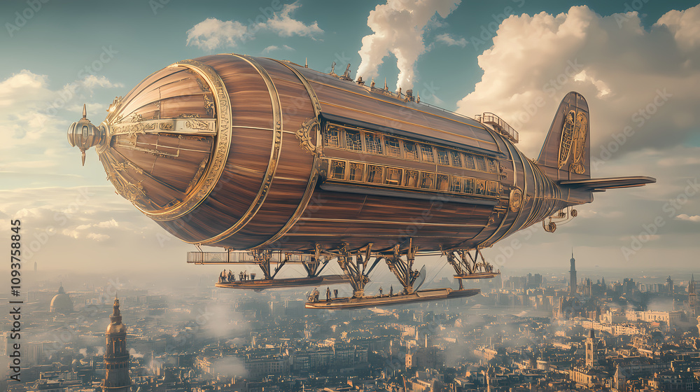 Luxury airship cruising above steampunk inspired city with brass and ...