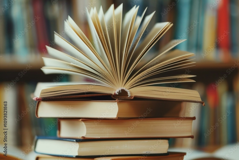 Open book with fanned pages sits atop a stack of books in a library ...