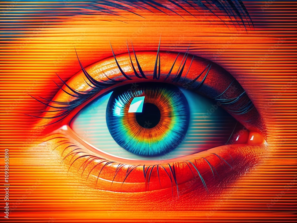 Dynamic Human Eye Motion Against Glitchy VHS Style Orange and Blue ...