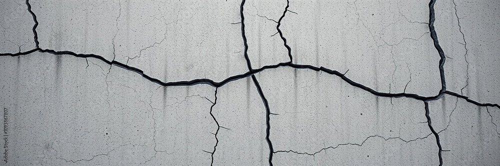 Close-up of cracks in a concrete wall, fissures, cracked surface ...