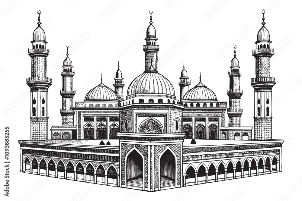 Mecca’s Masjid al-Haram sketch hand drawn drawing vector illustration ...
