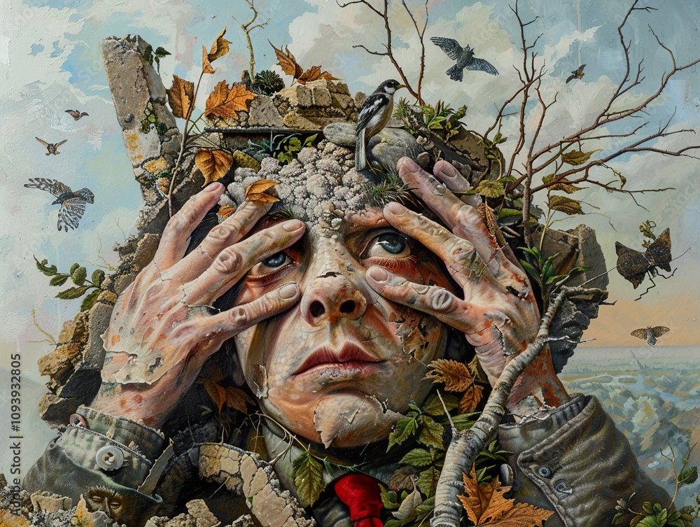 Surreal Painting of a Human Face Overgrown with Nature: A Symbolic ...