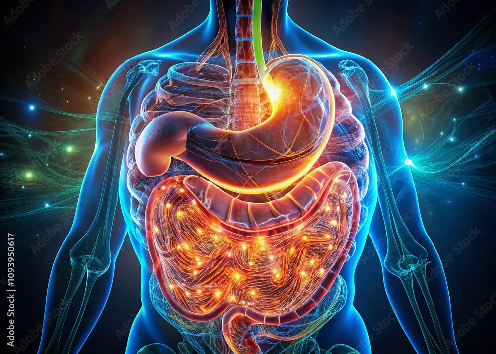 Night Photography of a Detailed Diagram of Human Stomach Anatomy ...