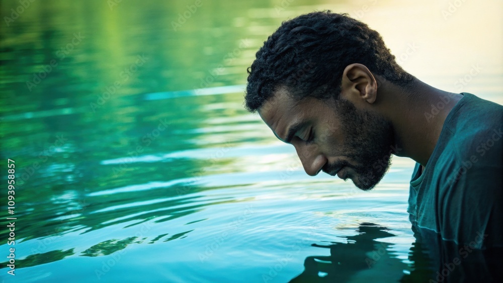 An introspective portrait of a man looking down his face captured under ...