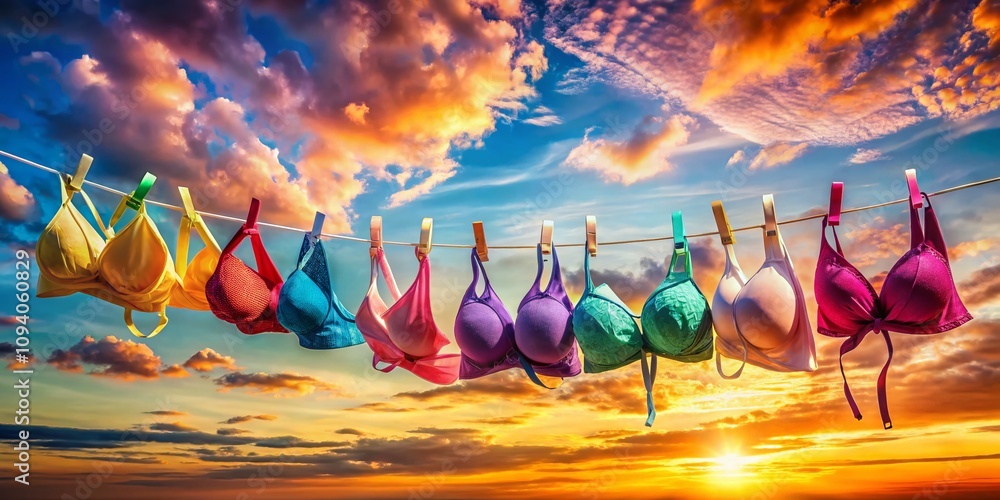 Surreal Scene of Colorful Bras Drying on a Washing Line Against a ...