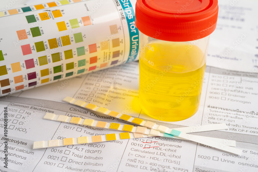 Urinalysis, urine cup with reagent strip pH paper test and comparison ...