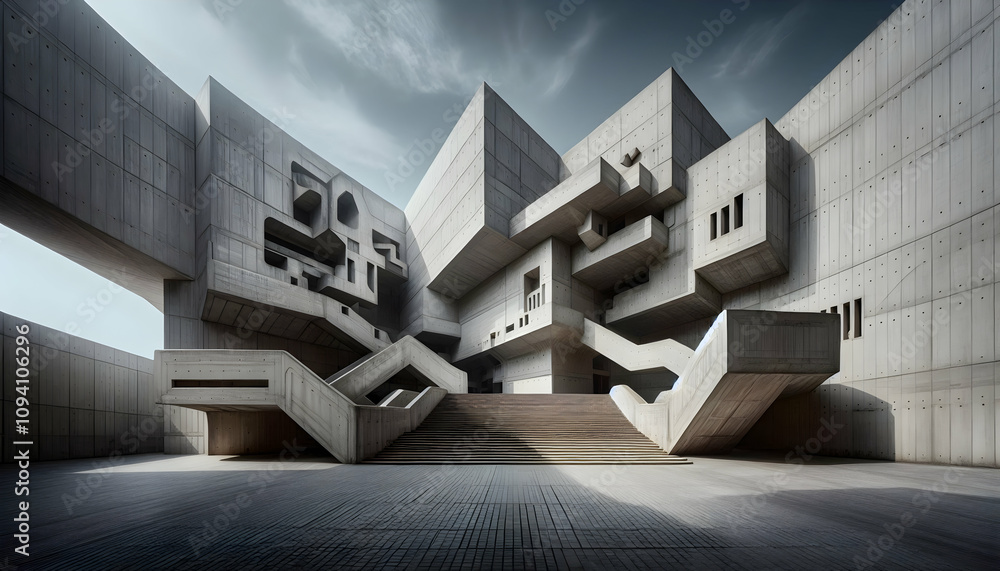 architecture A Brutalist cultural center with exposed concrete walls ...