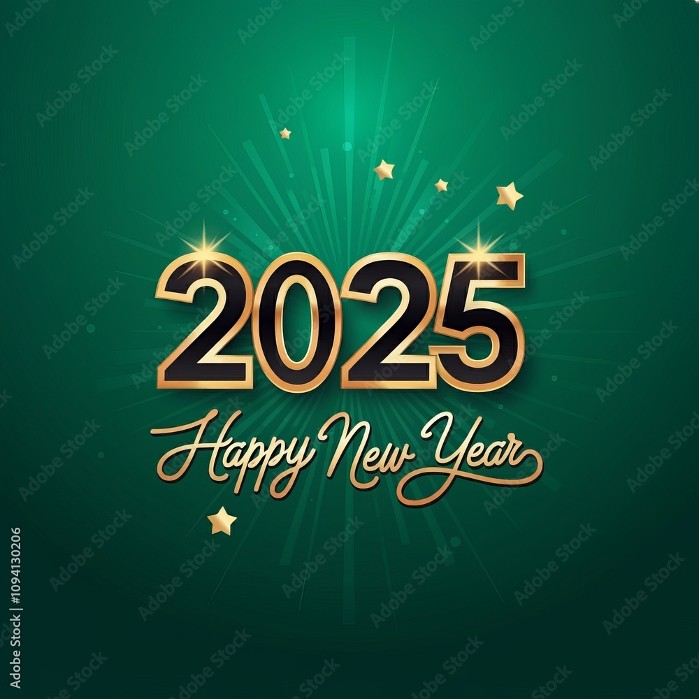 2025 Happy New Year text with sparkling stars on a green background ...