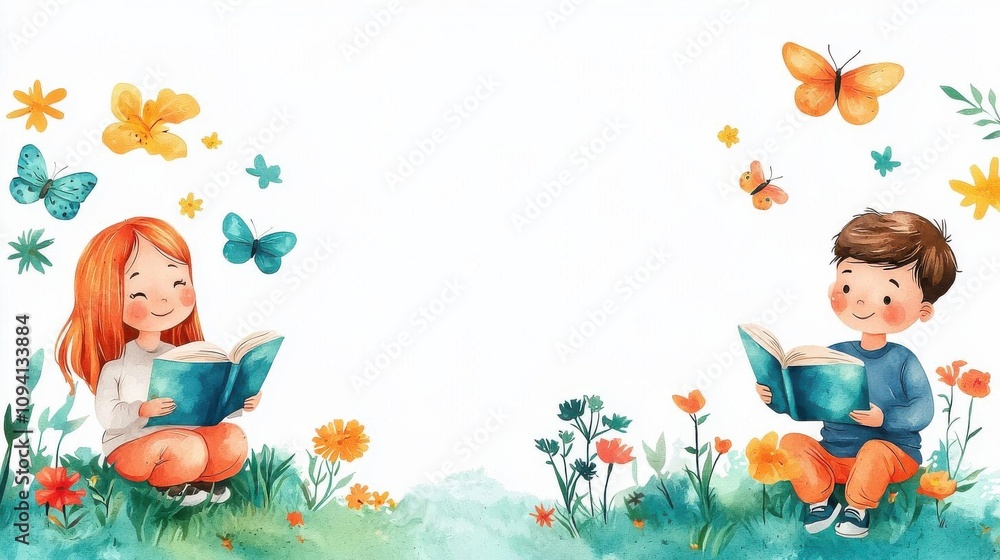 spring time inspired story cute cartoon illustration. Kids reading a ...