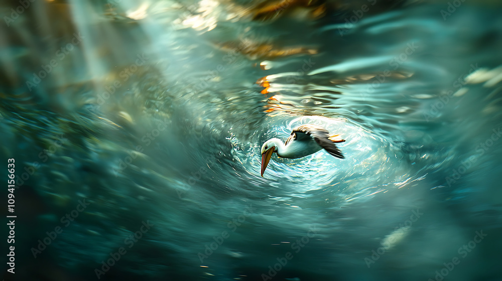 pelican diving gracefully into water, creating ripples and splashes ...