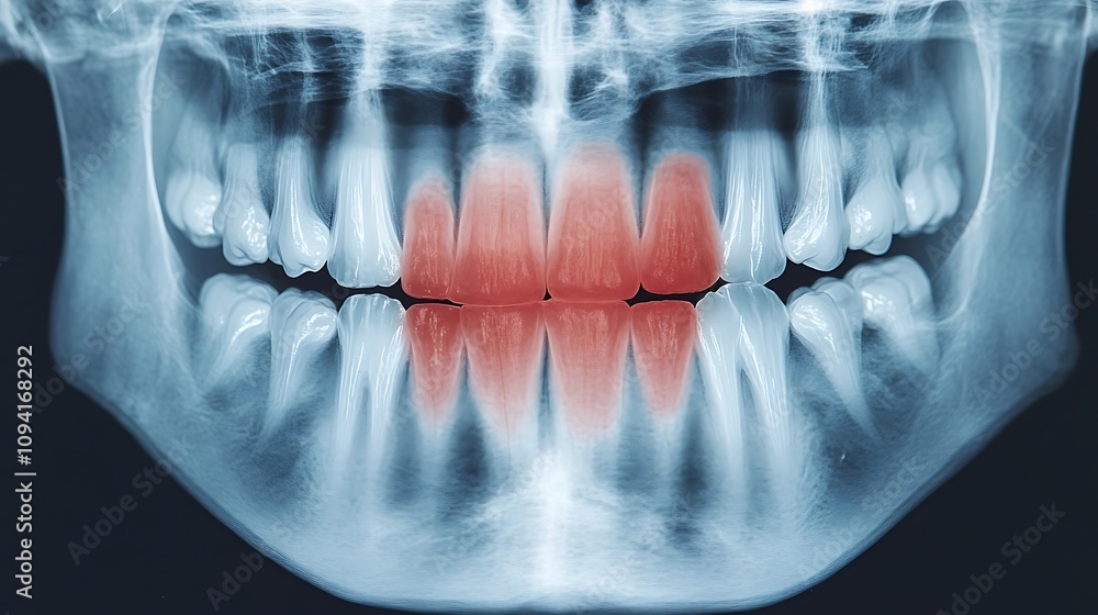 Detailed dental x ray scan image of the human teeth and jaw showing the ...