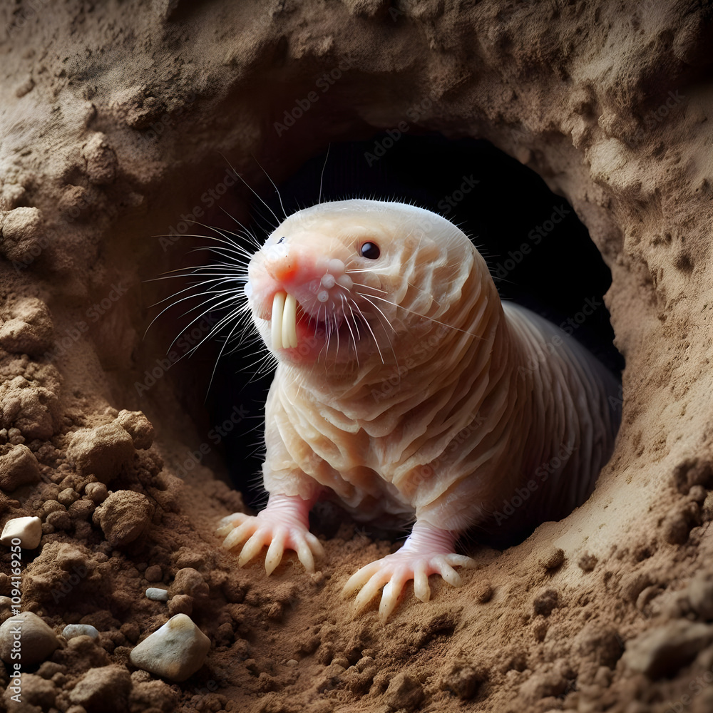 A naked mole rat stationed at the entrance of an underground tunnel ...