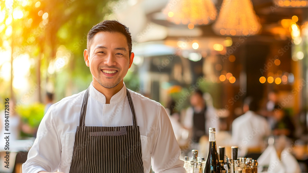 Smiling Asian Chef in Restaurant: A portrait of a friendly Asian male ...