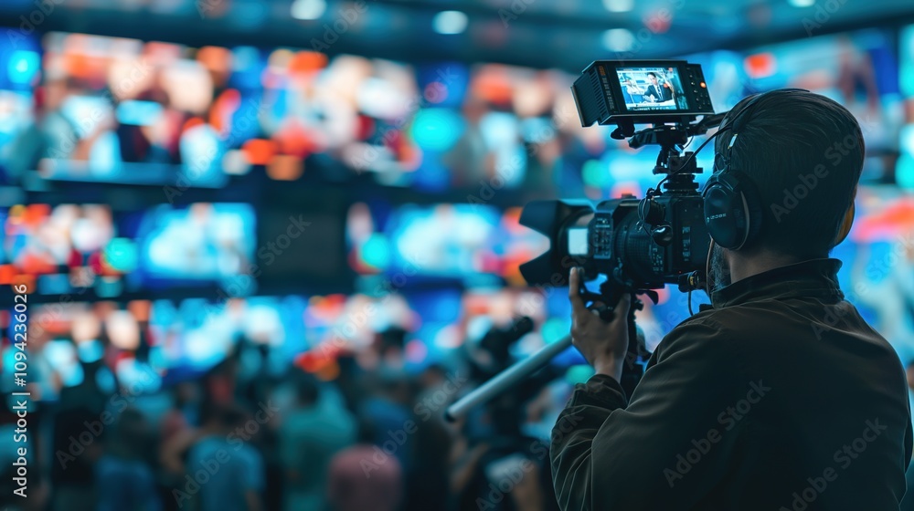 Focused journalist holding a microphone in a dynamic newsroom. Media ...