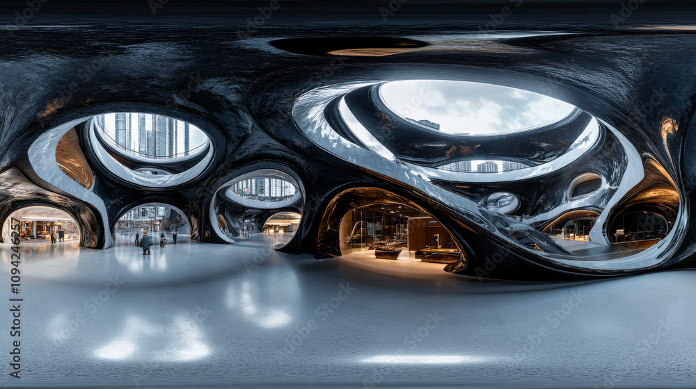 360 degree panorama view.A 3D image shows a round, futuristic building ...