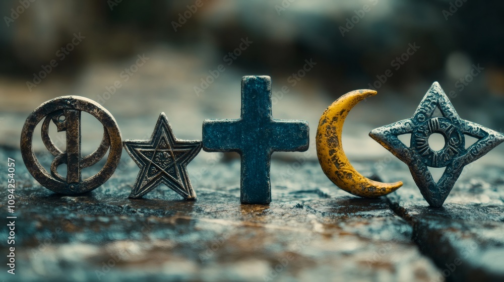 interfaith symbolism, various religious symbolsa cross, crescent moon ...