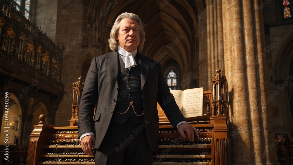 Statue of Bach: Bach standing beside a pipe organ, holding sheet music ...
