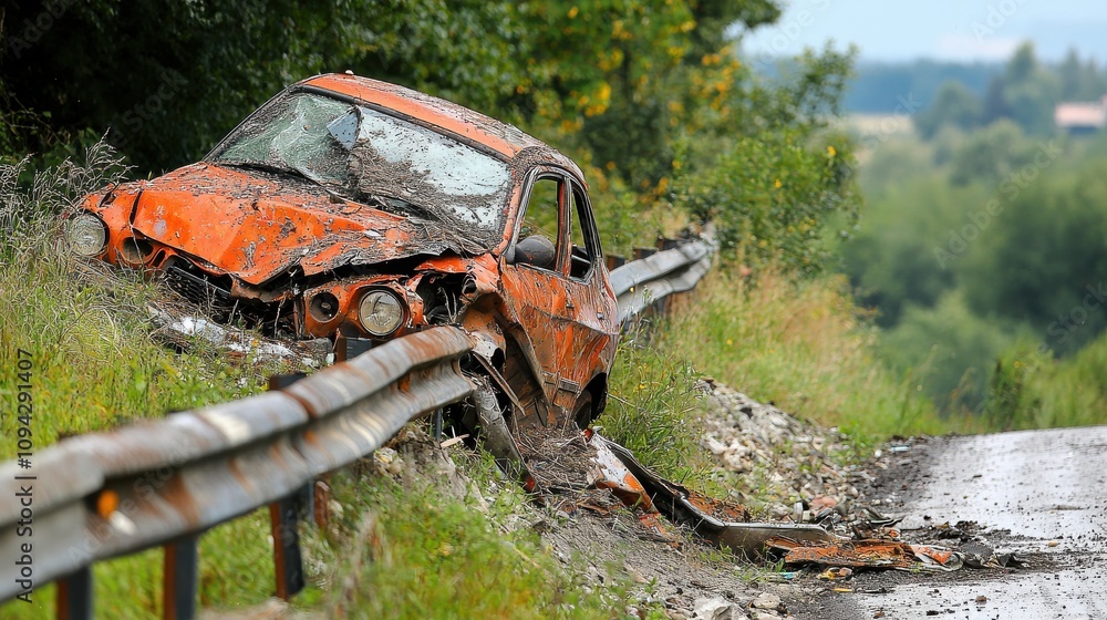 Car veering off twisted metal guardrail roadside incident rural highway ...