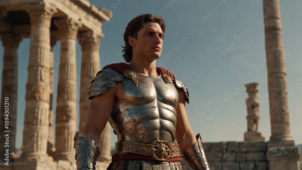 The great Alexander the Great, wearing ancient armor, holding a sword ...