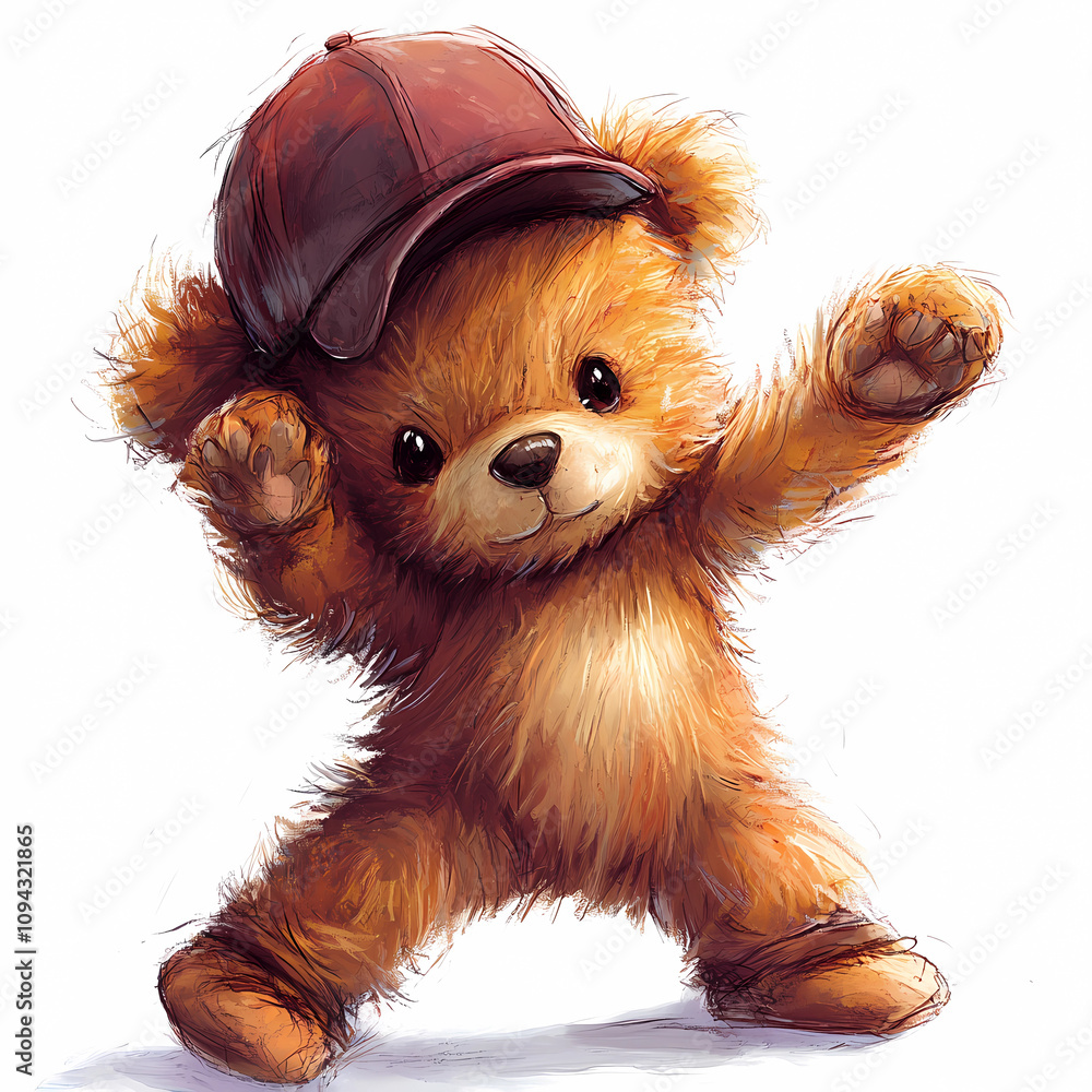 Dancing Teddy Bear with Cap – Joyful Illustration for Kids’ Rooms and ...