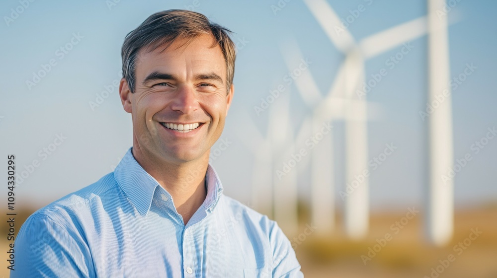 Engineering standing in front of wind turbines with green agricultural ...