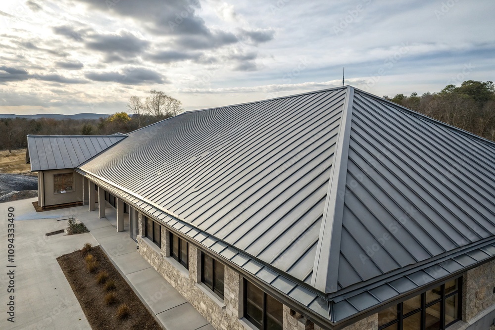 Standing seam metal roof with ridges on a windy day, ridge detailing ...