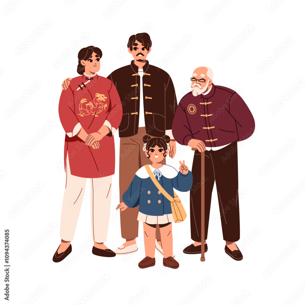 Happy Asian family stands together. Parents with kids, grandfather of ...