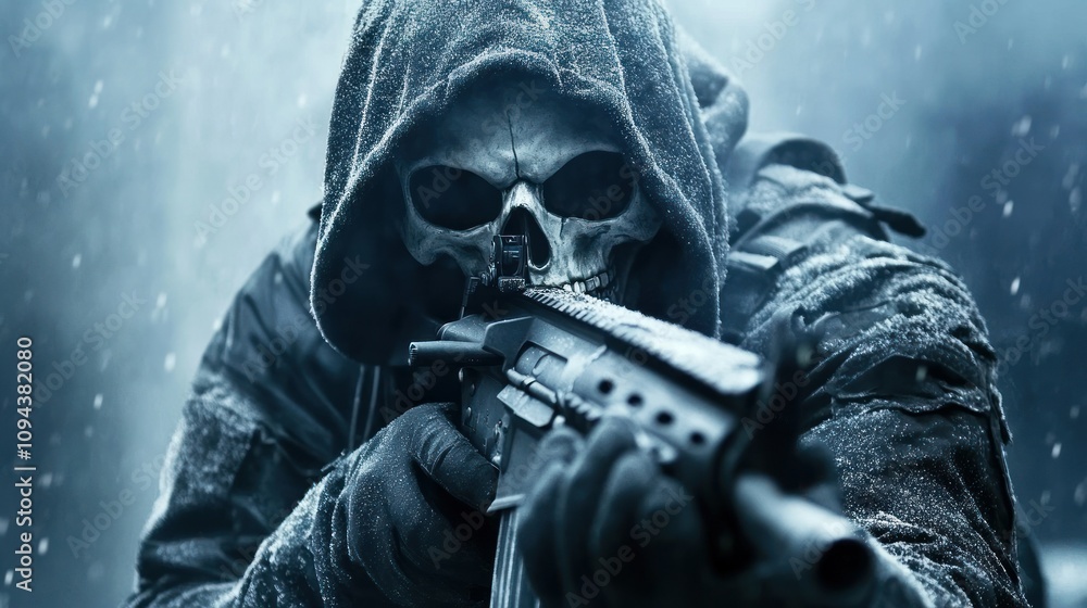 Special soldier wearing skull hood as camouflage aiming assault rifle ...