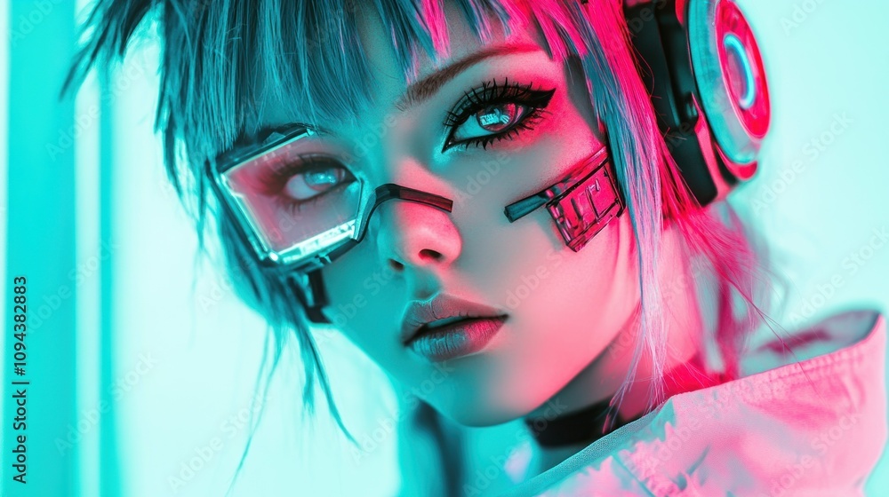 Anime style Girl face Cyborg cosplay in cyberpunk Synthwave technology ...