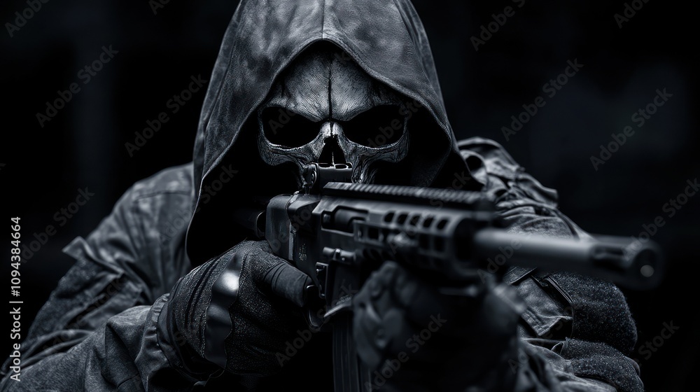 Special soldier wearing skull hood as camouflage aiming assault rifle ...
