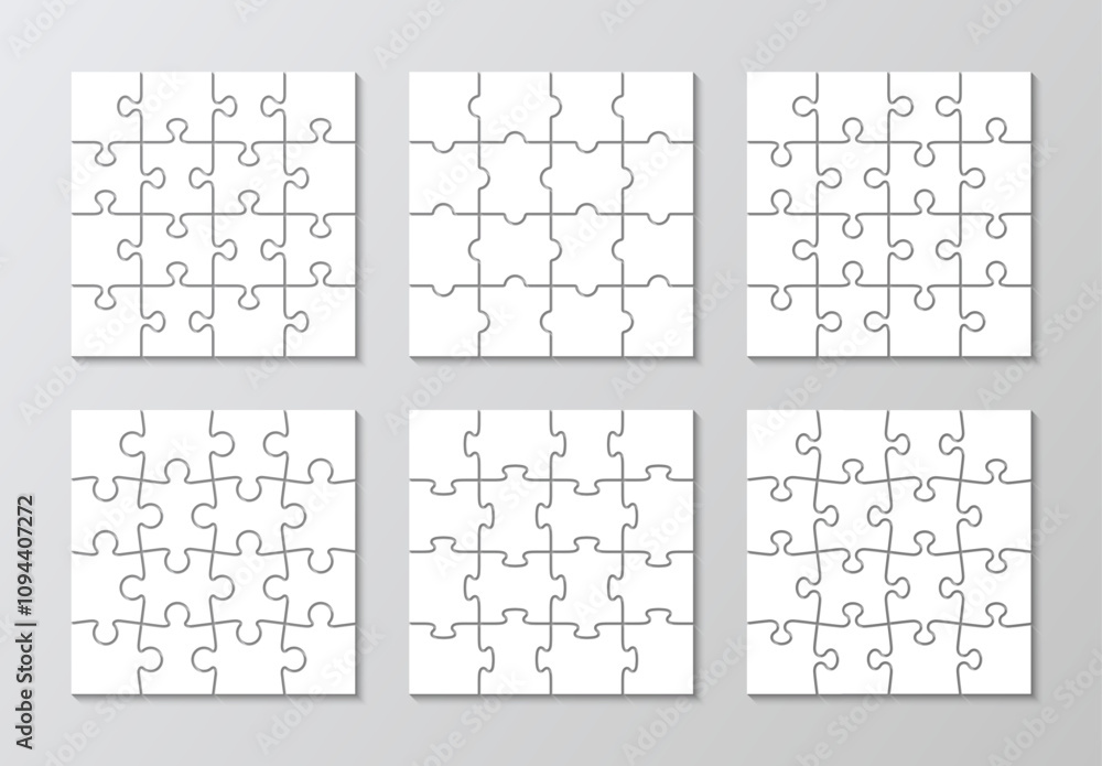 Puzzle grid collection. Set of 16 pieces jigsaw templates. Simple ...