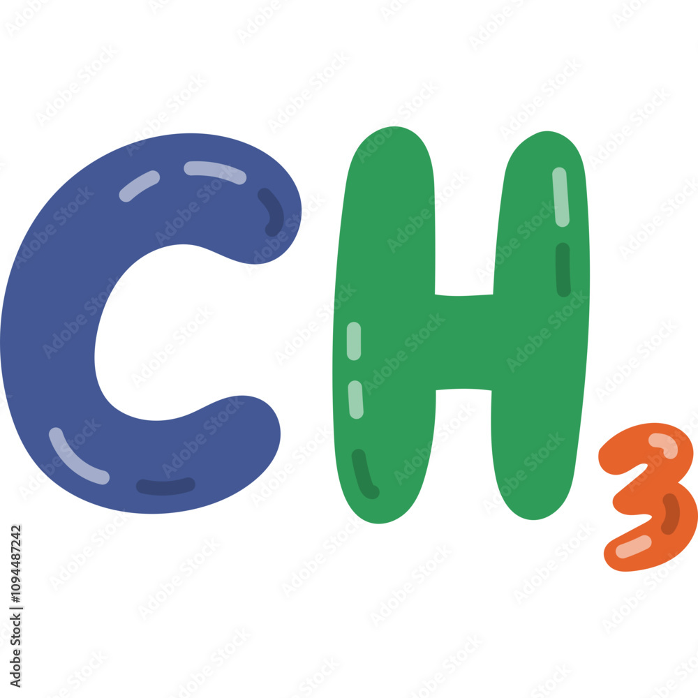Cute cartoon chemical formula of CH2. Hand drawn lettering of methylene ...
