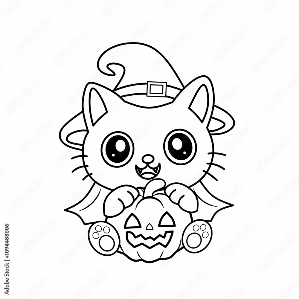 Outlined Cute Witch Cat hugging pumpkin halloween. Coloring page ...