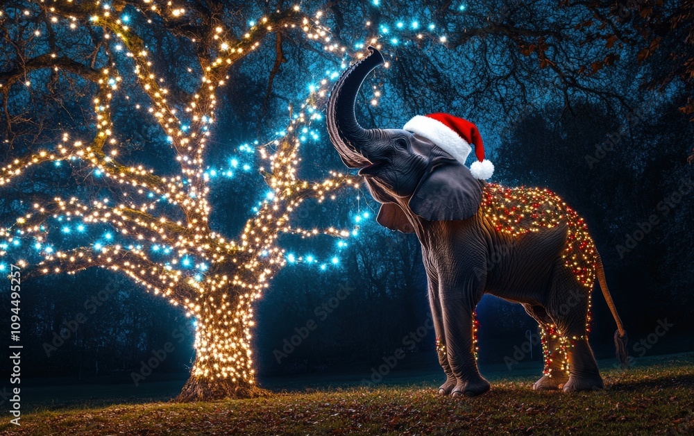 Elephant Hanging Christmas Lights An elephant standing on its hind legs ...