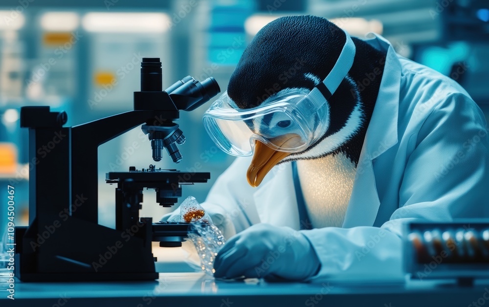 Penguin as a Scientist An anthropomorphic penguin in a lab coat and ...