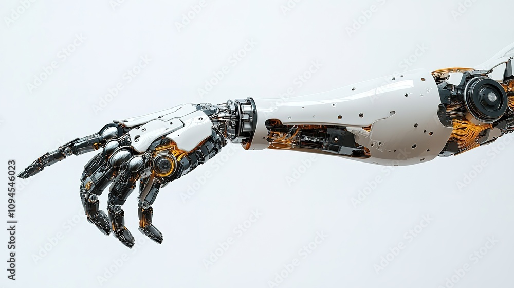 neural prosthetic to control a robotic limb, set against a clean white ...