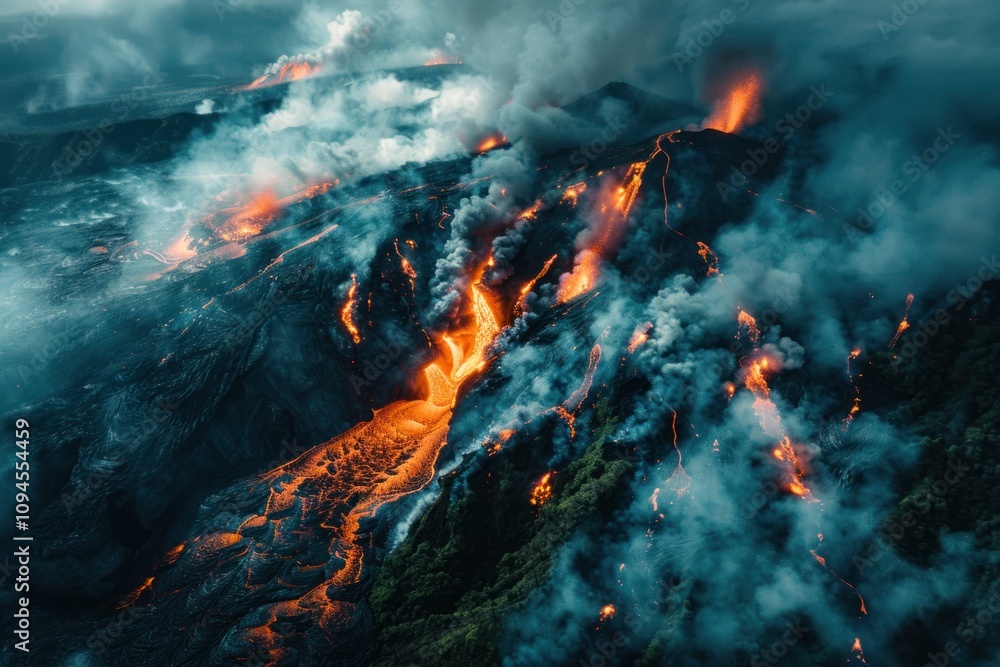 Aerial photos of a volcanic eruption from above Stock Illustration ...