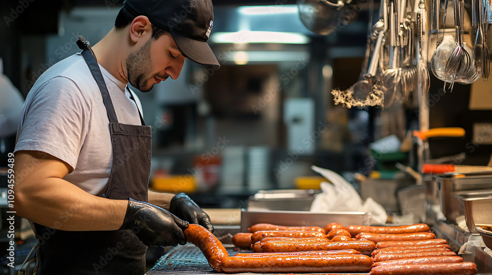 A butcher making fresh artisanal hot dogs, stuffing a sausage casing ...