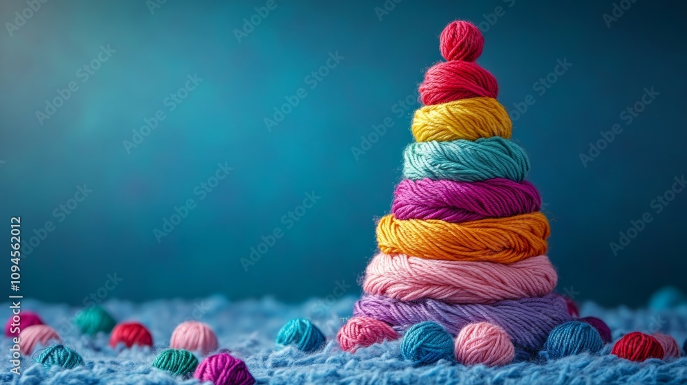 Colorful yarn Christmas tree made of yarn balls. The balls are arranged ...