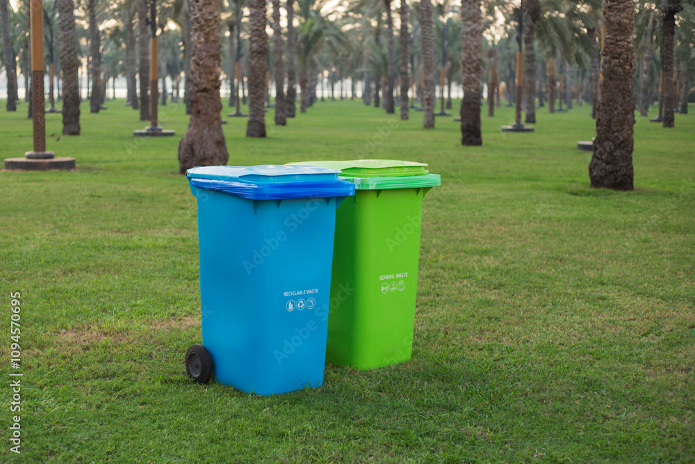 Different colored trash bins for waste segregation outdoors in the park ...