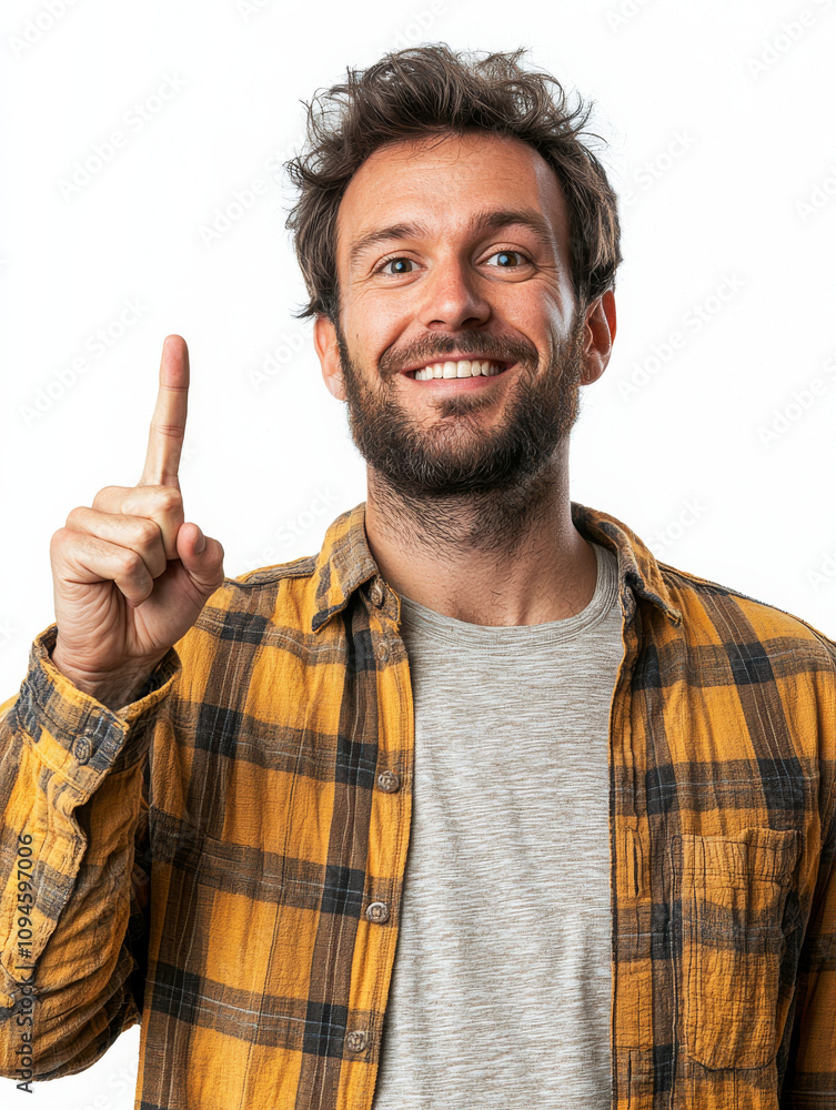 Happy man pointing upwards with index finger, representing direction ...