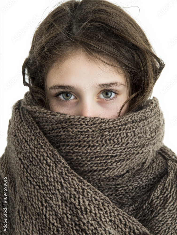 Teen girl wrapped in warm scarf, looking cold and shivering, with pale ...